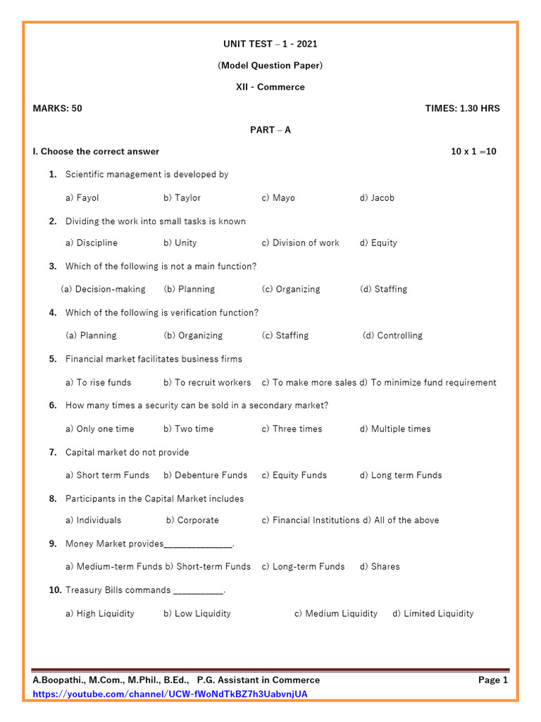 12th Commerce Unit Test 1 Model Paper | PDF