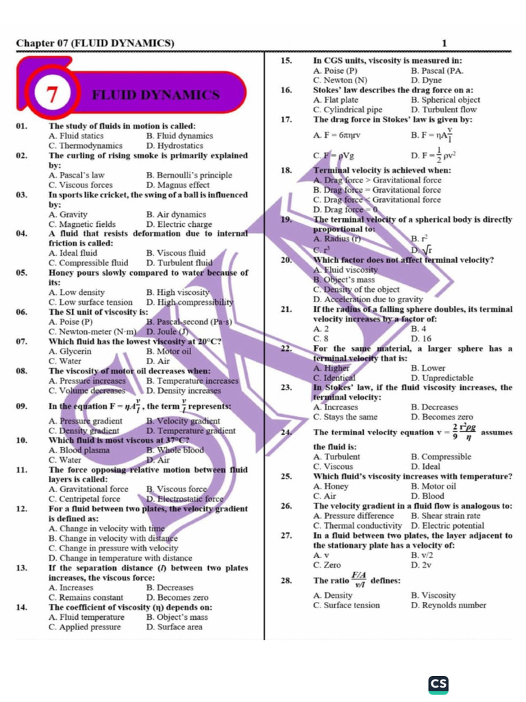 Fluid Dynamics MCQS + Key | PDF