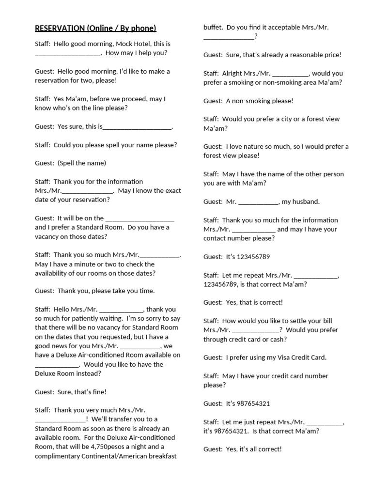 Front-Office - Reservation Script | PDF