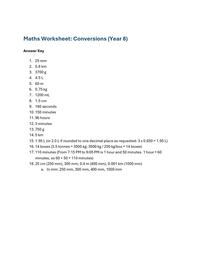 Year 8 Maths Conversions Answer Key | PDF