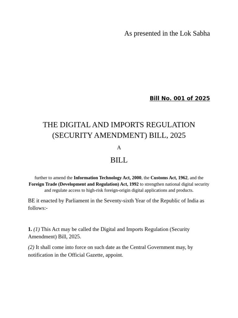 The Digital And Imports Regulation Security Amendment Bill 2025