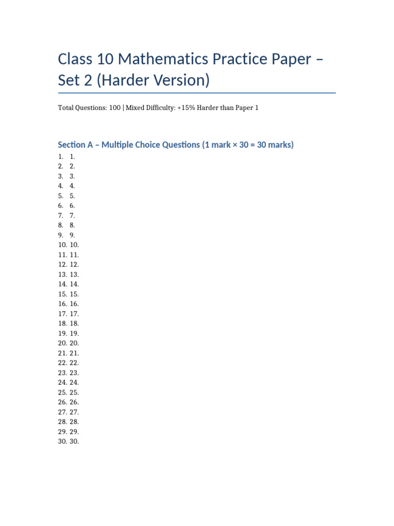 Class 10 Math Practice Paper Set 2 | PDF