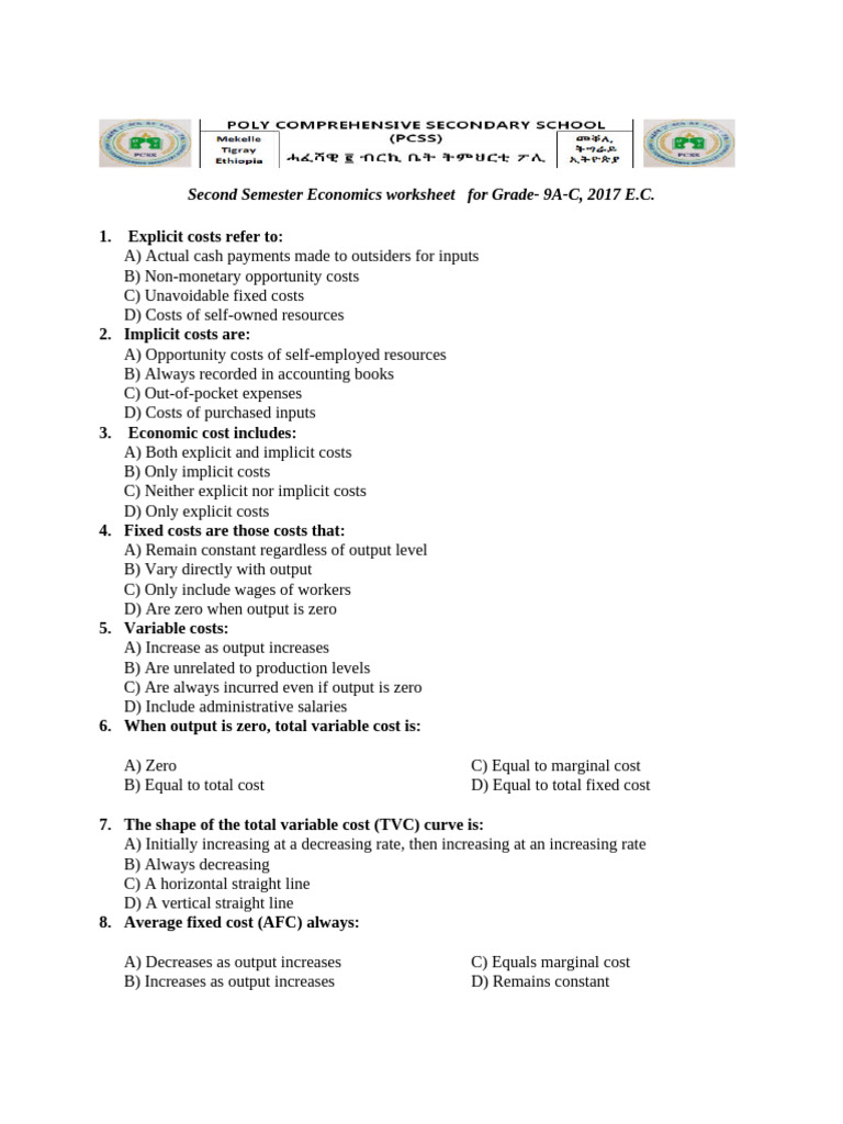 Grade 9 Economics Worksheet: Costs & Money | PDF | Marginal Cost | Money