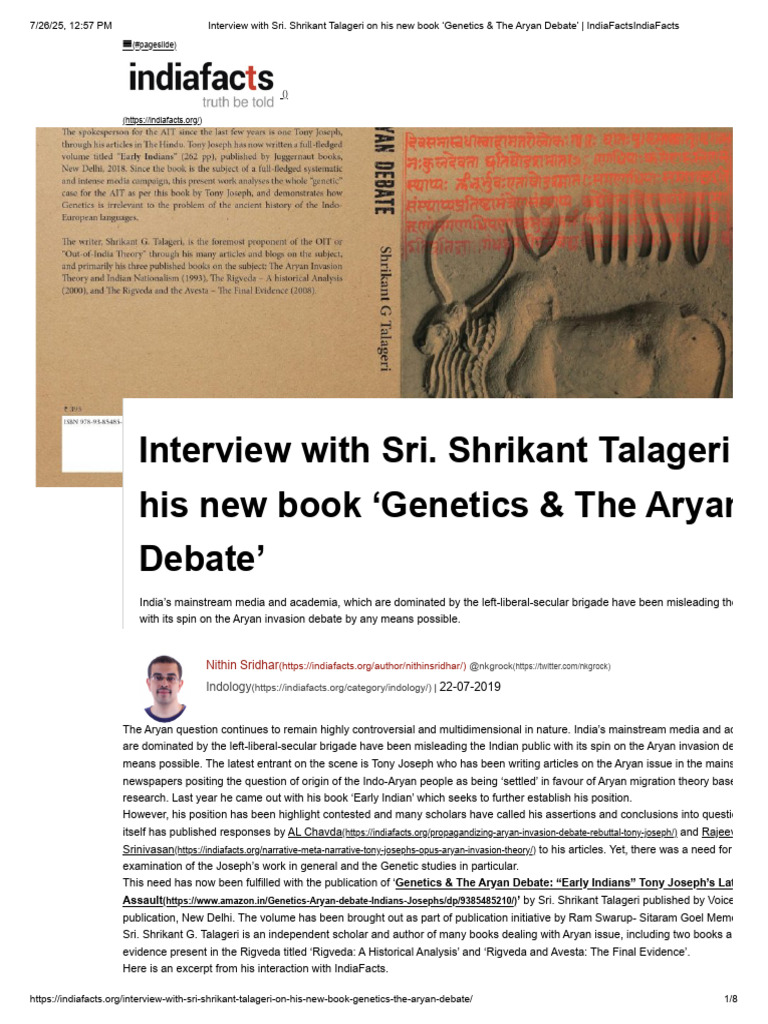 Interview With Sri. Shrikant Talageri On His New Book Genetics & The ...