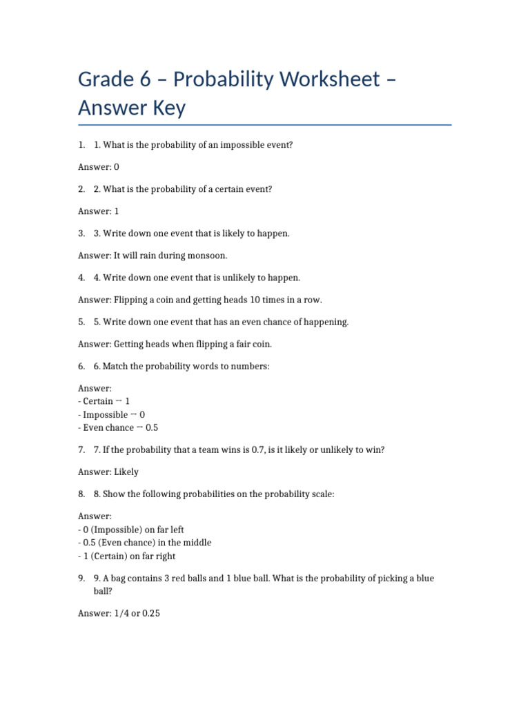 Grade 6 Probability Answer Key | PDF