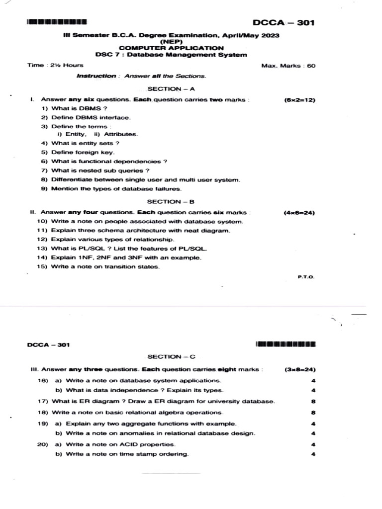 DBMS Previous Year Question Papers | PDF | Databases | Relational Database