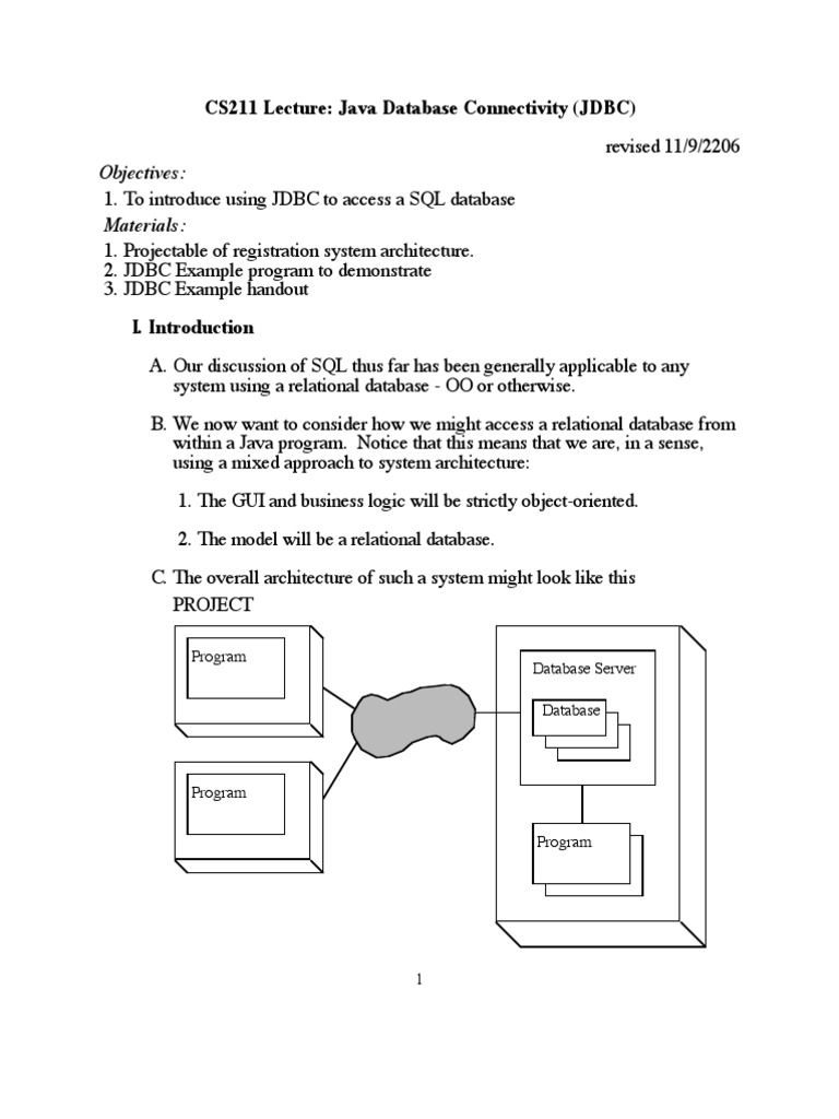 Cs211 Lecture Java Database Connectivity Jdbc Objectives Pdf Databases Sql 