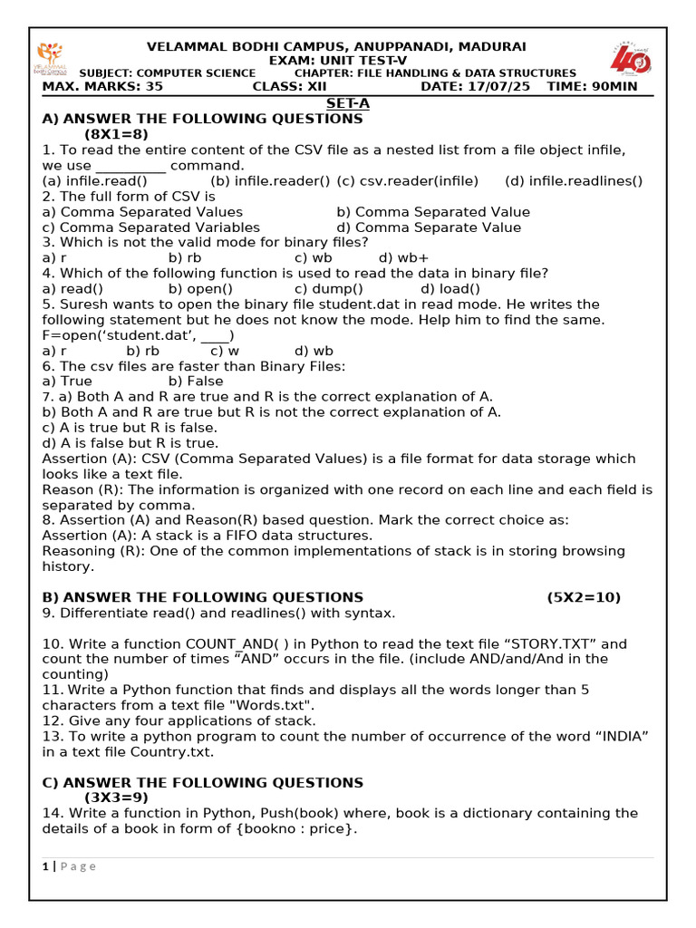 Set-A A) Answer The Following Questions (8X1 8) | PDF | Comma Separated Values | Computer ...