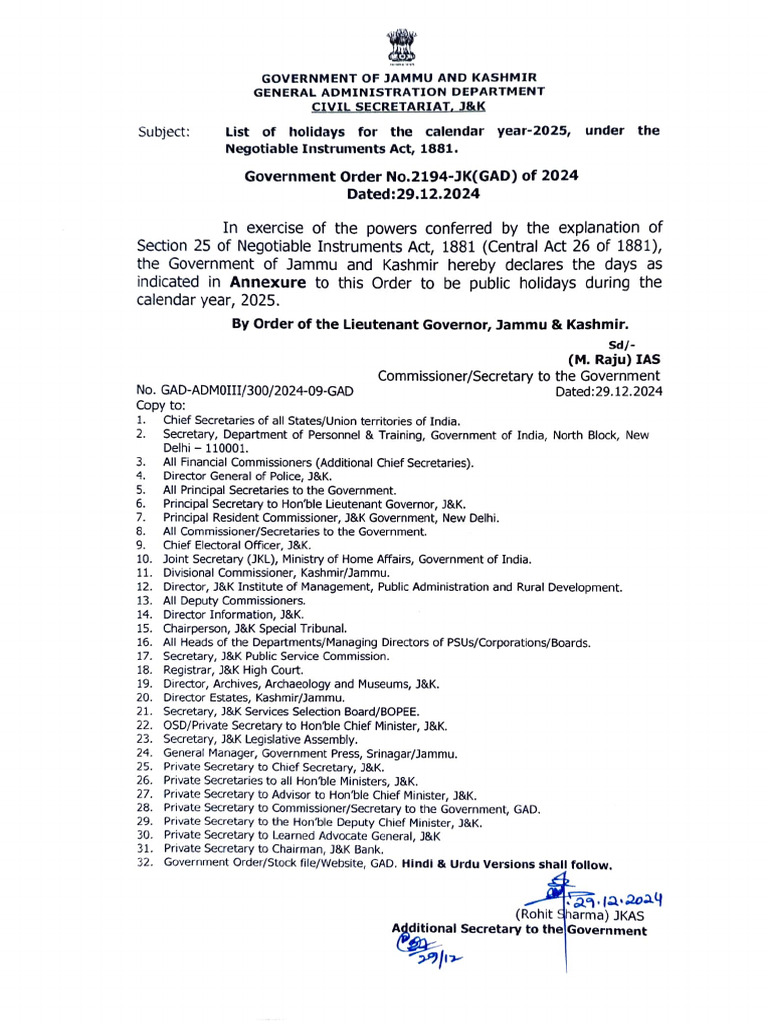 GAD Holiday Calendar 2025 | PDF | Government Of India | Government