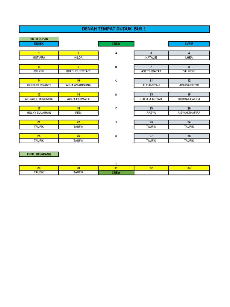 Denah Medium Bus 33 Seat 25 - 27 Juli | PDF