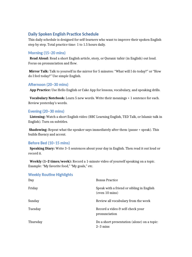 Daily English Speaking Practice Plan | PDF
