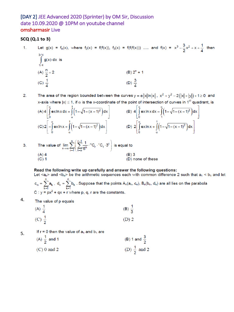 Practice Sheet 2 JEE Advanced 2020 Maths | PDF
