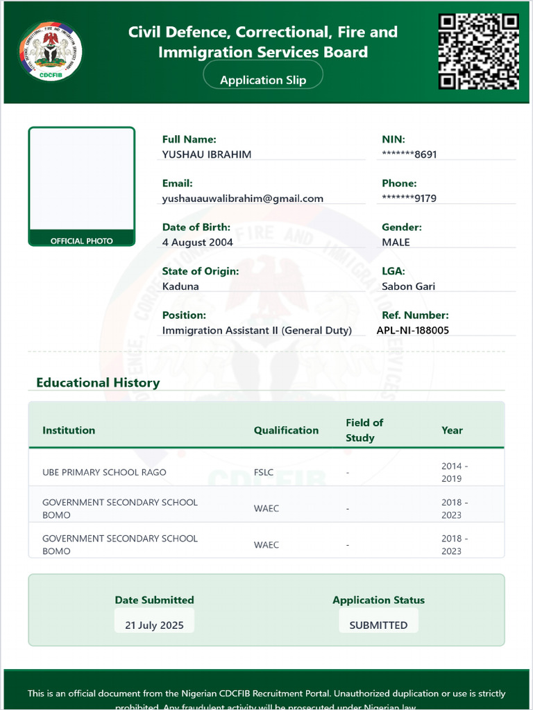 Yushau Auwal Ibrahim Application Slip | PDF