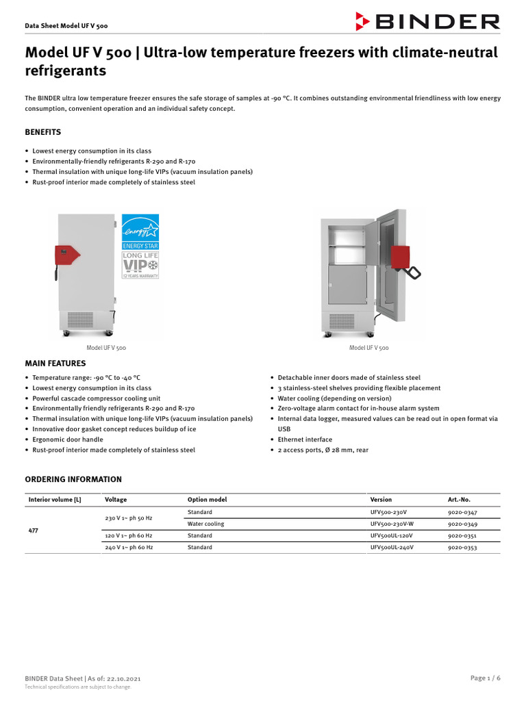 Bider Data+Sheet+Model+UF+v+500+En | PDF | Refrigerator