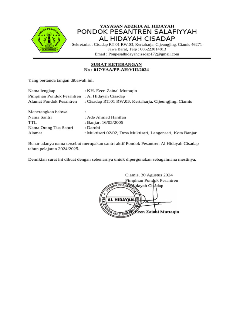 Surat Keterangan Santri | PDF