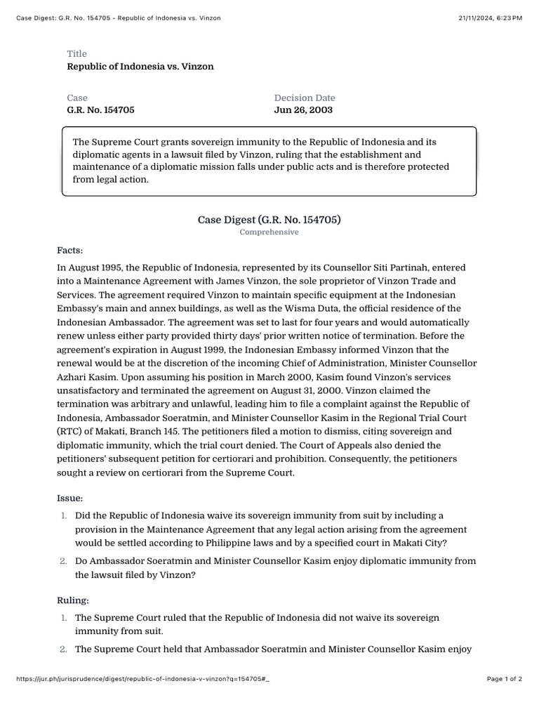 Republic of Indonesia vs. Vinzon | PDF | Sovereign Immunity ...