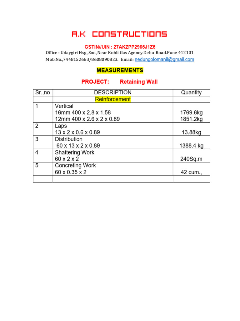 Retaining Wall Measurement Details | PDF