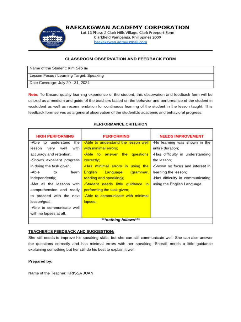 Classroom Observation and Feedback Form - KHW | PDF | Teachers | Learning