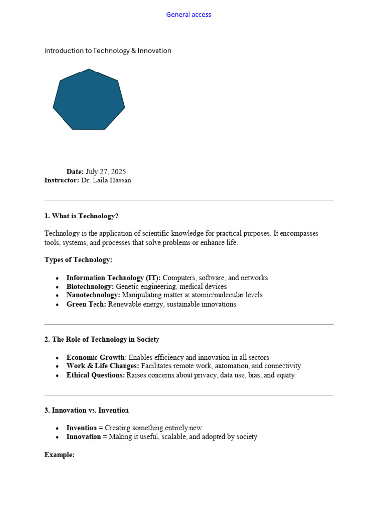 Introduction to Technology & Innovation | PDF