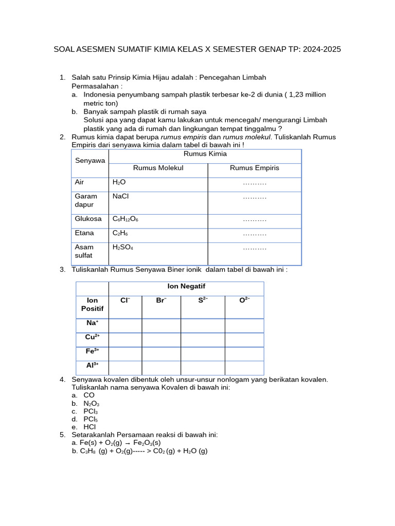 Soal Ujian Kimia Kls X Sem 2 THN 2025 Ds | PDF