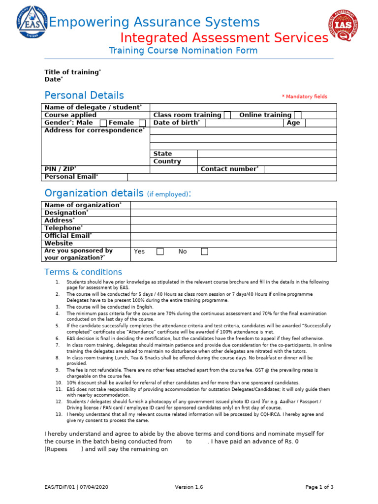 Student Nomination Form TRAINING 2 | PDF