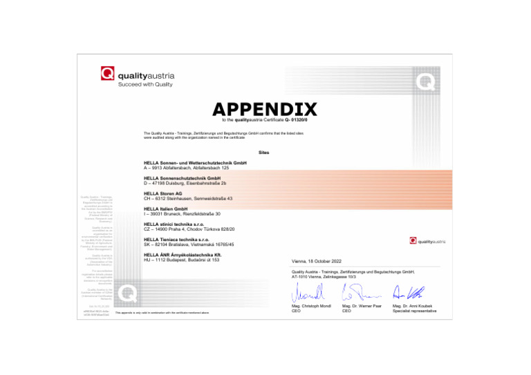 Quality Austria Certificate - Appendix - EN | PDF