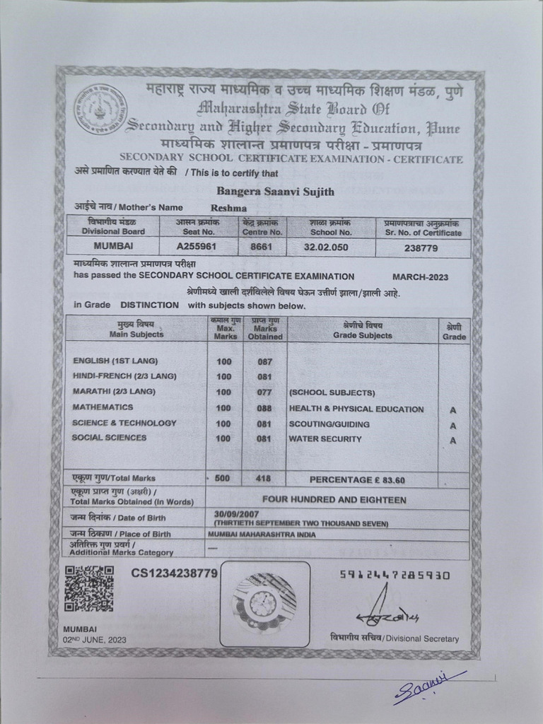 SSC Marksheet for Bangera Saanvi | PDF