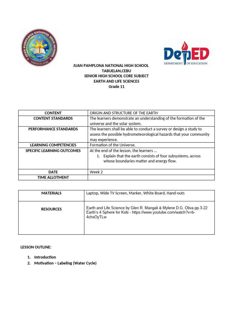 Detailed Lesson Plan Earth And Life Sciences Grade 11 Week 2 Pdf