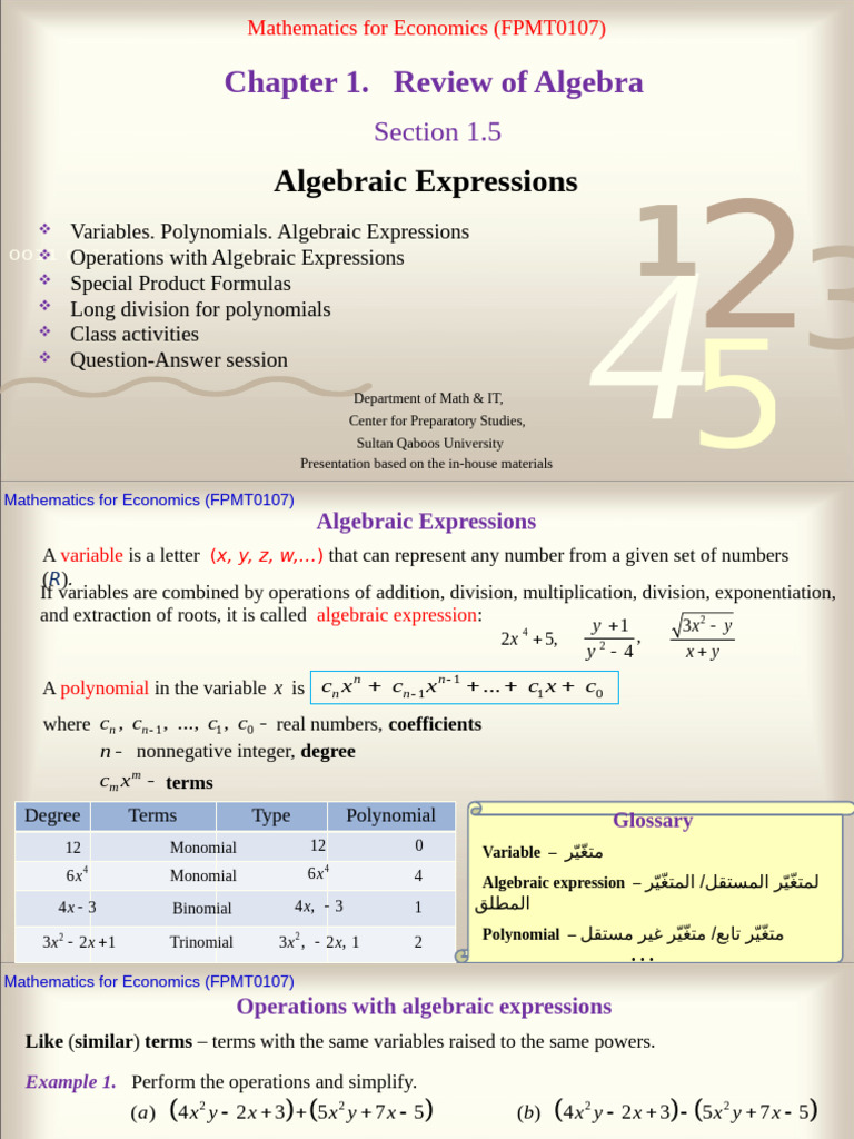 Lecture 5. Algebraic Expressions (Section 1.5) | PDF | Division (Mathematics) | Arithmetic