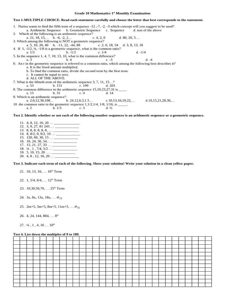 Grade 10 Mathematics 1st Monthly Examination | PDF | Arithmetic ...