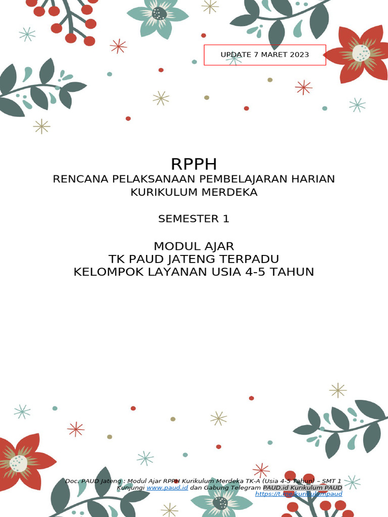 Modul Ajar RPPH TK A 4 5 Tahun Kurikulum Merdeka Smt1 6 HARI | PDF