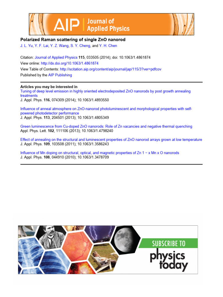 Polarized Raman Scattering of Single ZnO Nanorod | PDF | Raman ...