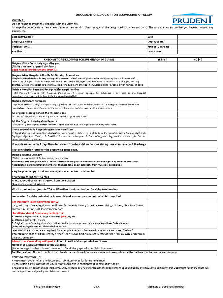 Claim Submission Document Checklist | PDF | Hospital | Medical Specialties