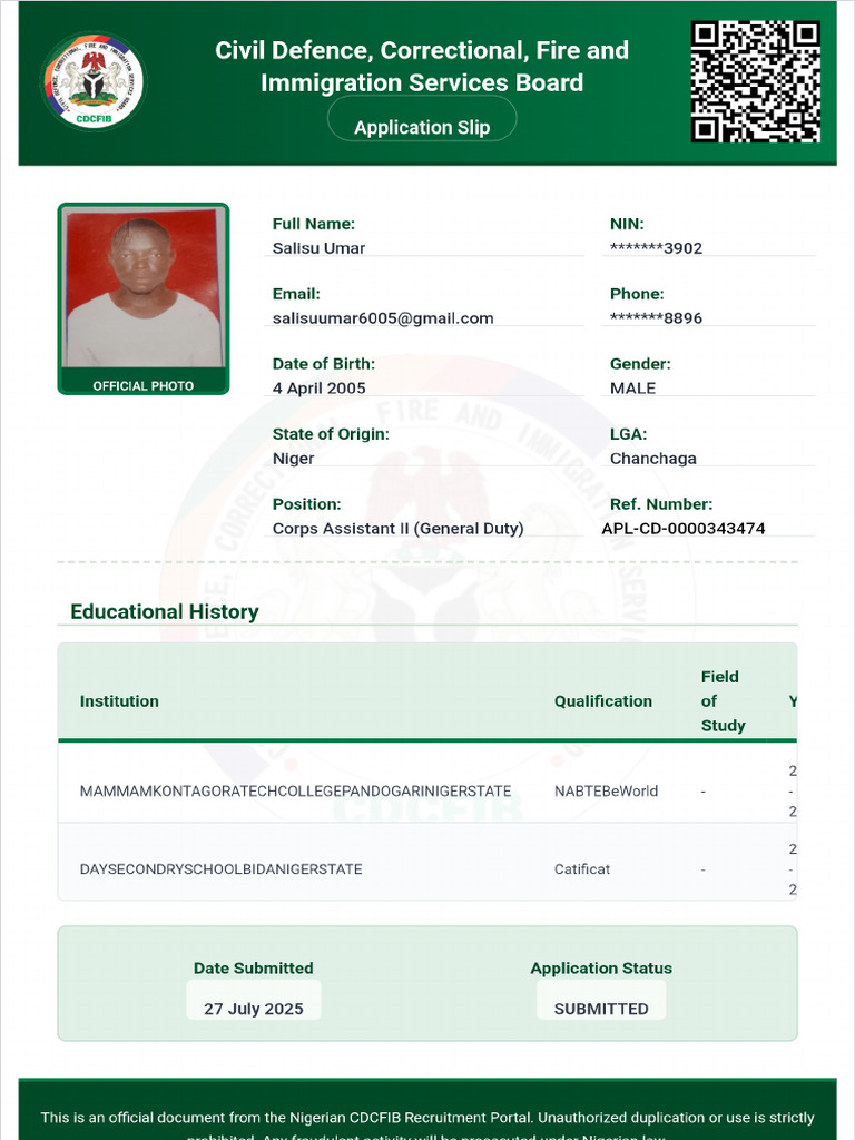 SALISU - UMAR UMAR - Application-Slip | PDF