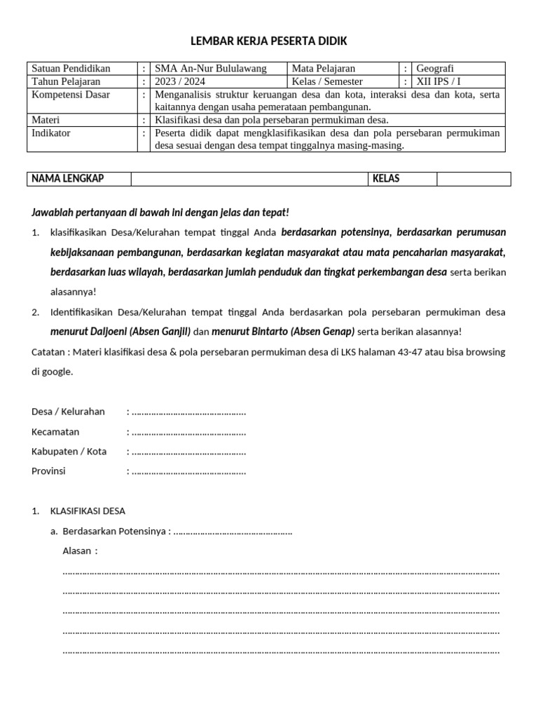 LK Klasifikasi & Pola Persebaran Desa | PDF