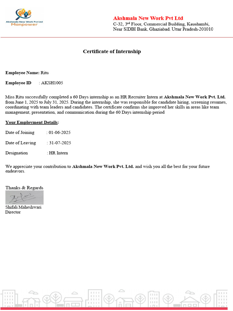 Internship Certificate for HR Recruiter | PDF