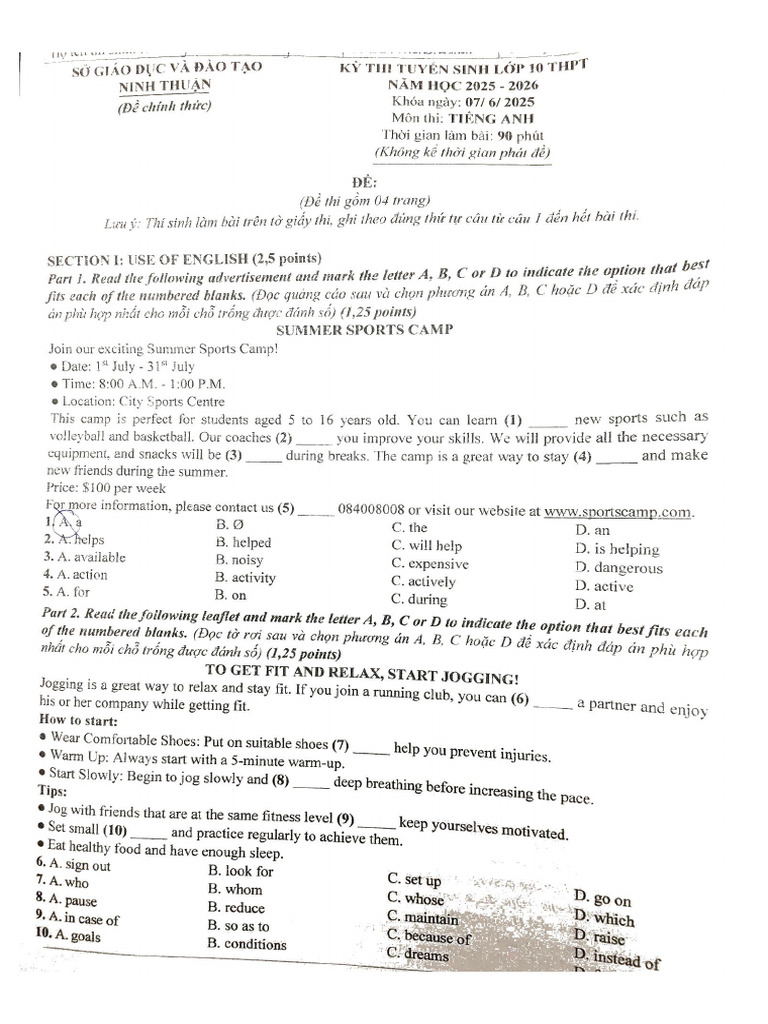 De Thi Tuyen Sinh Lop 10 Mon Tieng Anh Nam 2025 2026 So GDDT Ninh Thuan | PDF