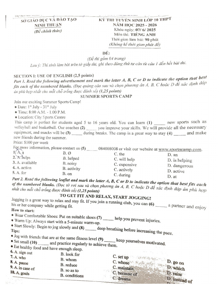 De Thi Tuyen Sinh Lop 10 Mon Tieng Anh Nam 2025 2026 So GDDT Ninh Thuan | PDF