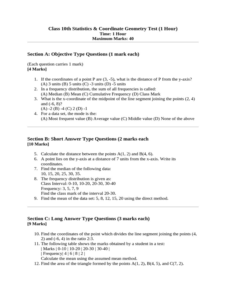 10th Statistics and Coordinate Geometry Test | PDF | Median | Mean