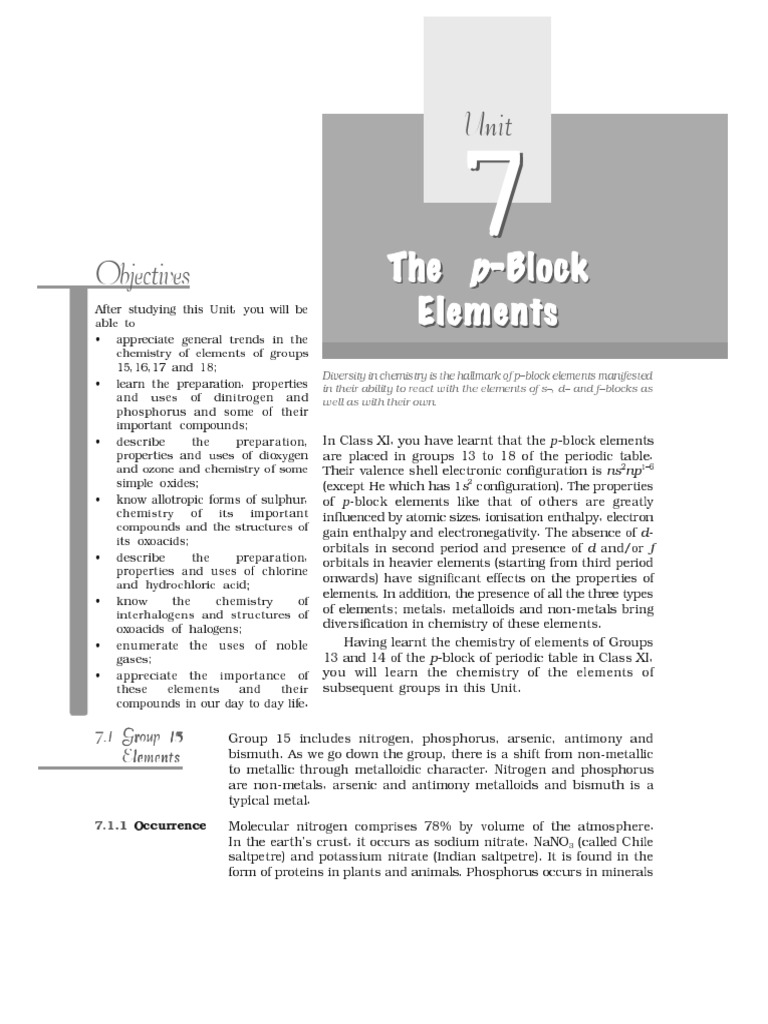 NCERT Class 12 Chemistry Unit 7 The PBlock Elements | PDF