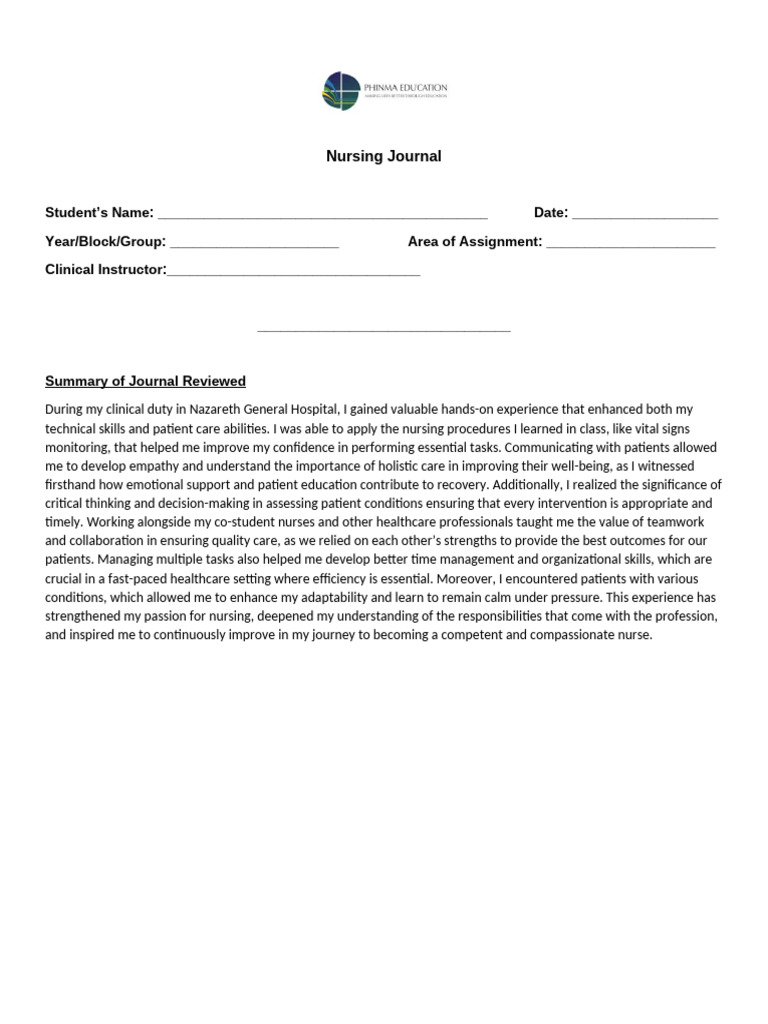 Nursing Journal Reflection Sample | PDF