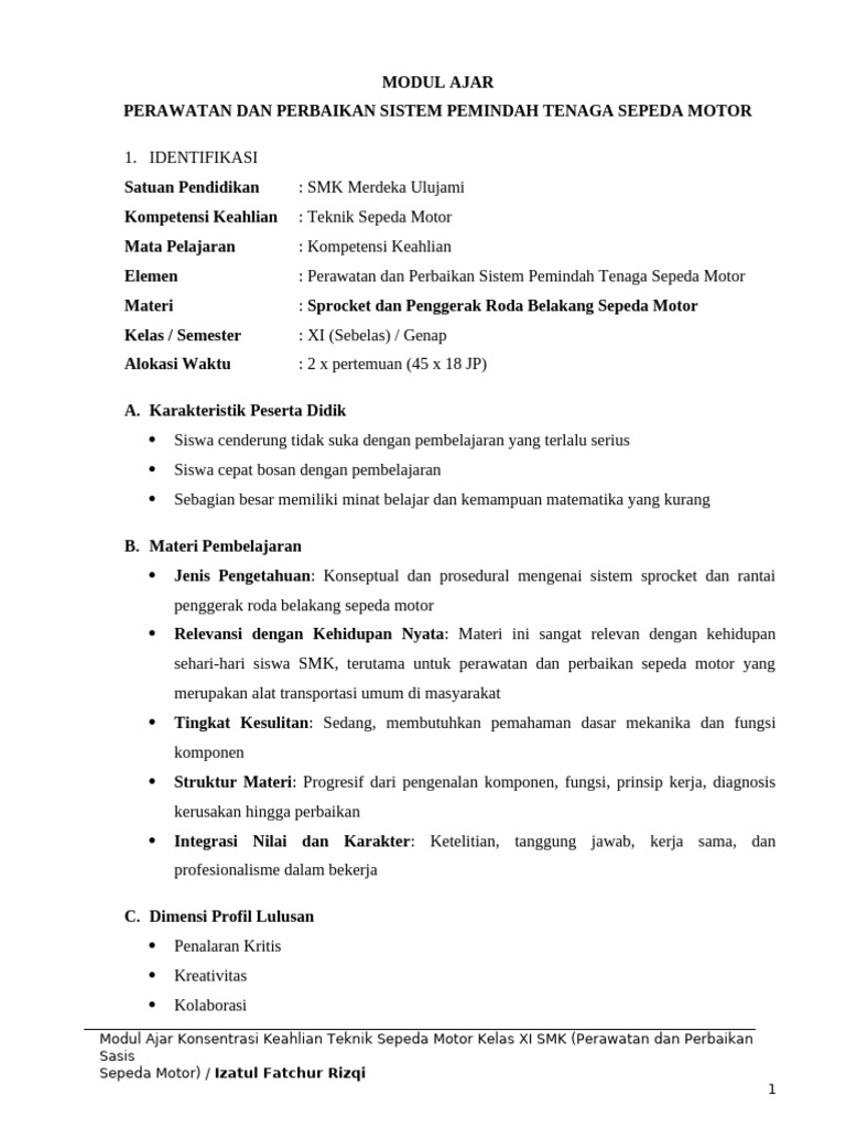 Modul Pembelajaran Kompetensi Keahlian Sprocket Dan Rantai Penggerak Roda Belakang Sepeda Motor ...