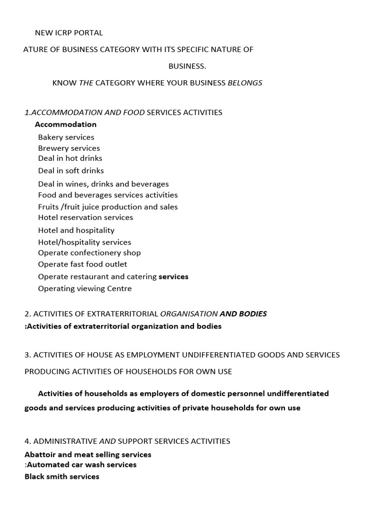 Business Categories and Activities List | PDF | Mining | Transport