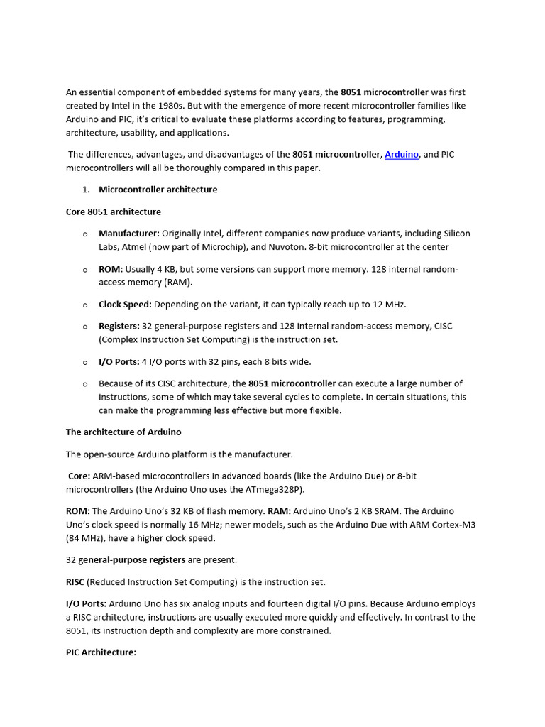 Comparison Among 8051, Arduino and PIC | PDF | Microcontroller | Arduino