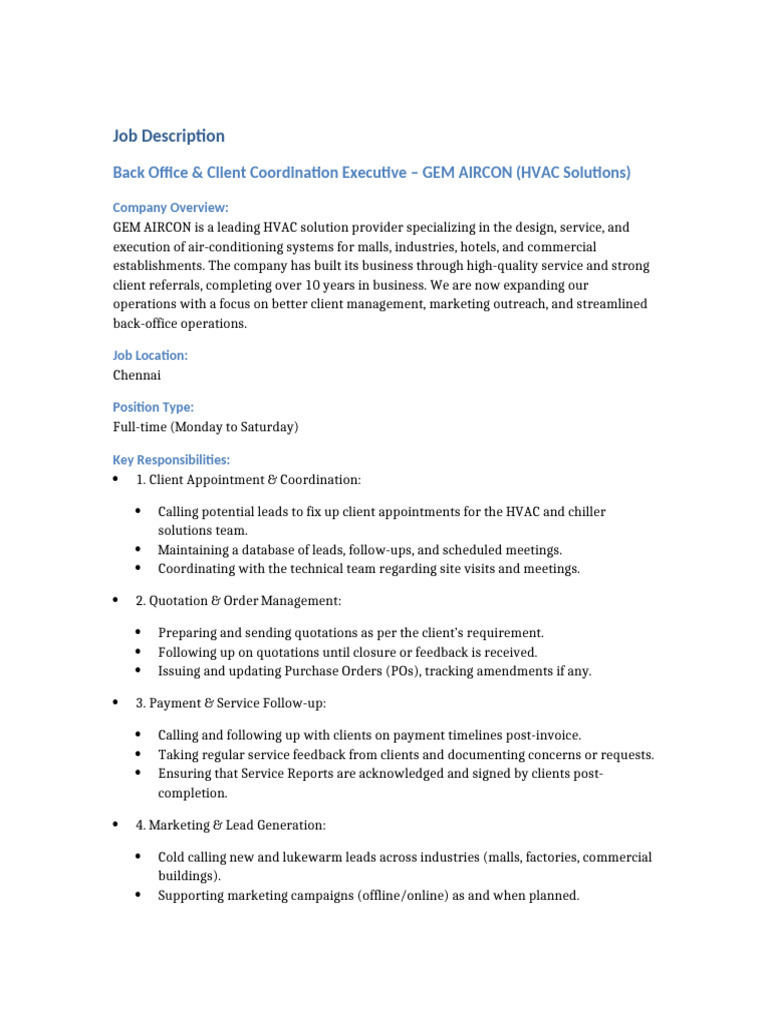 GEM AIRCON Back Office Executive Job Description | PDF