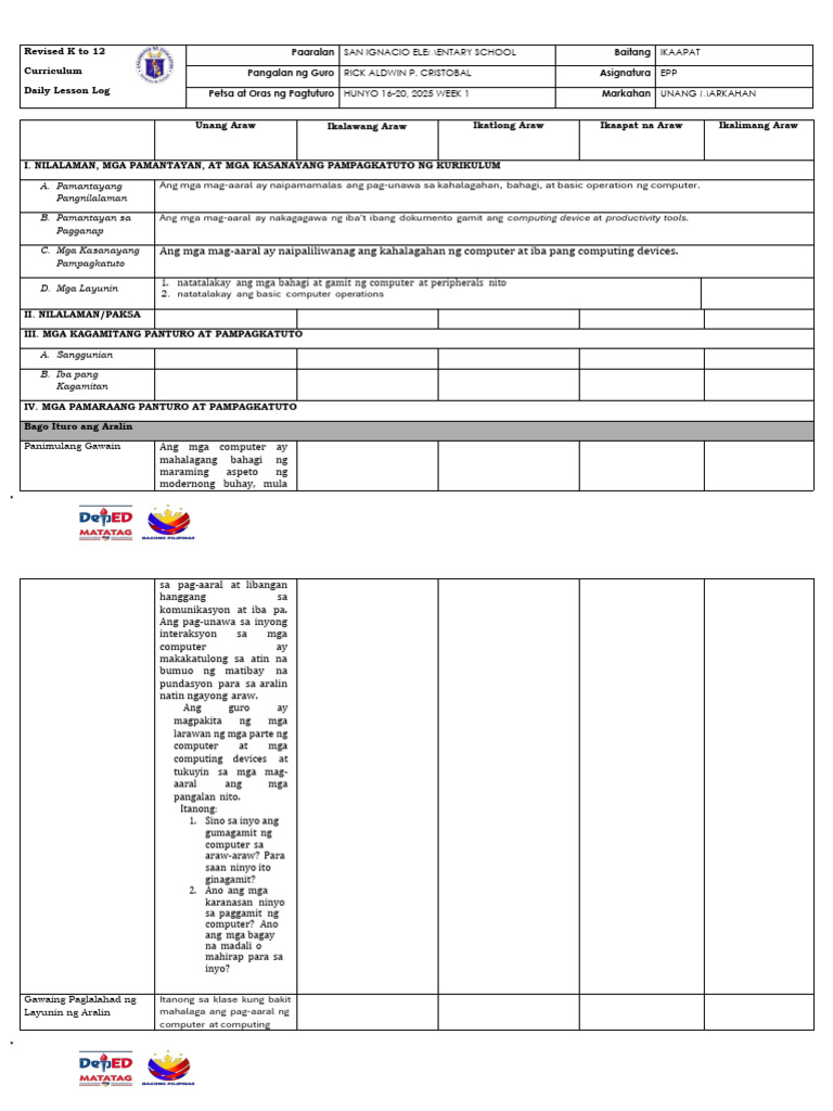 DLL Quarter 1 - Week-1-Epp 4 | PDF