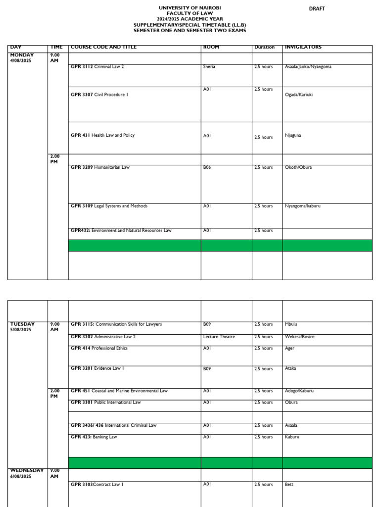 UON Law Supplementary Exam Timetable 2025 | PDF | Justice | Crime ...
