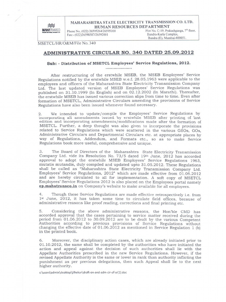 MSETCL Employees' Service Regulations 2012 | PDF