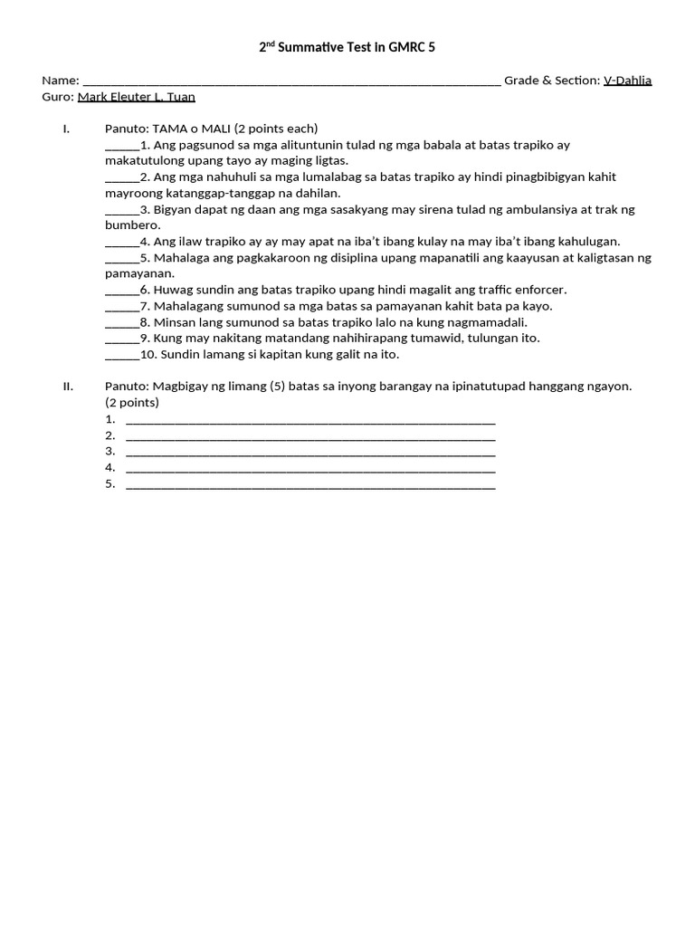 2nd Summative Test in GMRC 5 | PDF