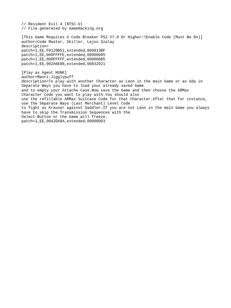 Resident Evil 4 PS2 Cheat Codes Guide | PDF